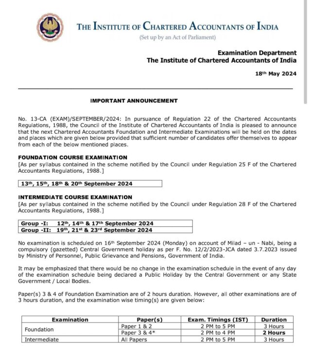 CA Foundation & Intermediate September 2024 Exams Date Sheet - IGP ...